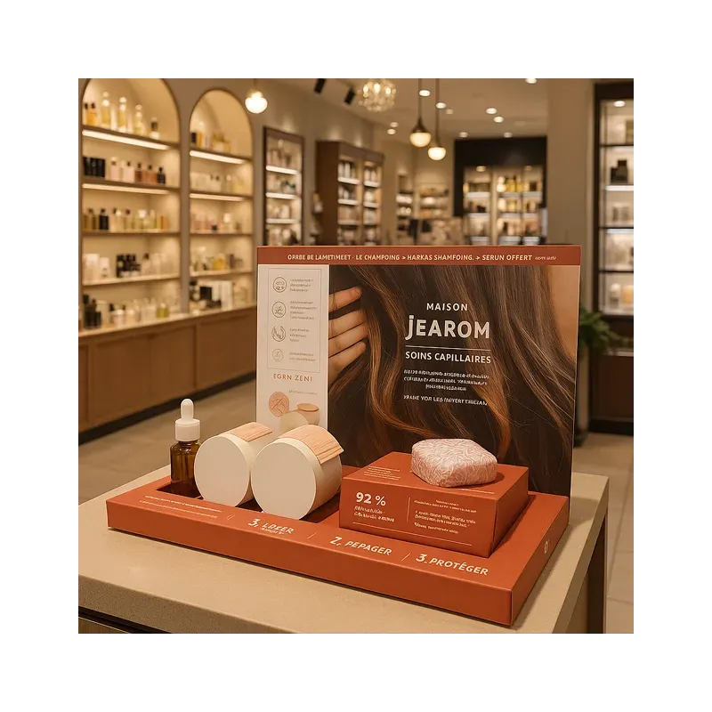Présentoir de comptoir en carton, PLV cosmétique, parfum, savon.